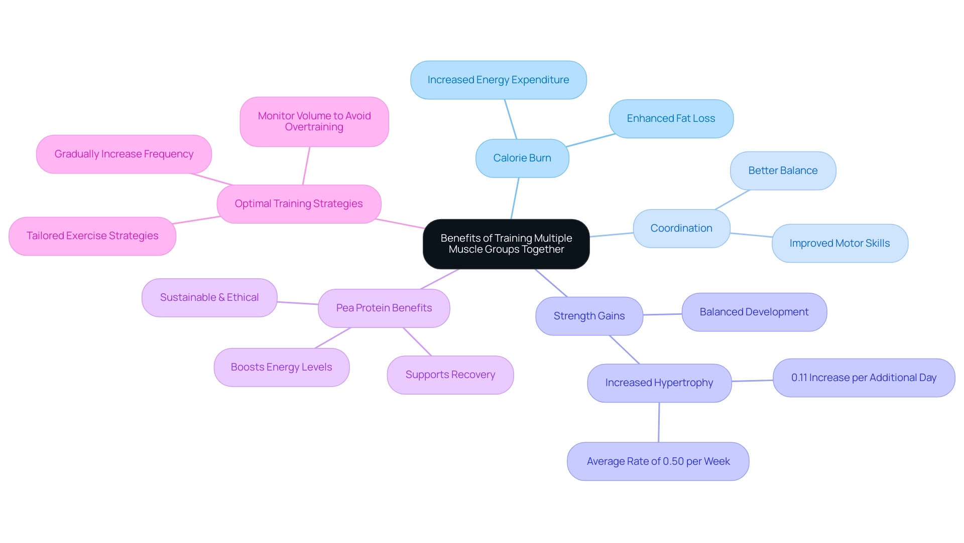 Each branch represents a key benefit or strategy related to training multiple muscle groups, with colors indicating different categories of information.