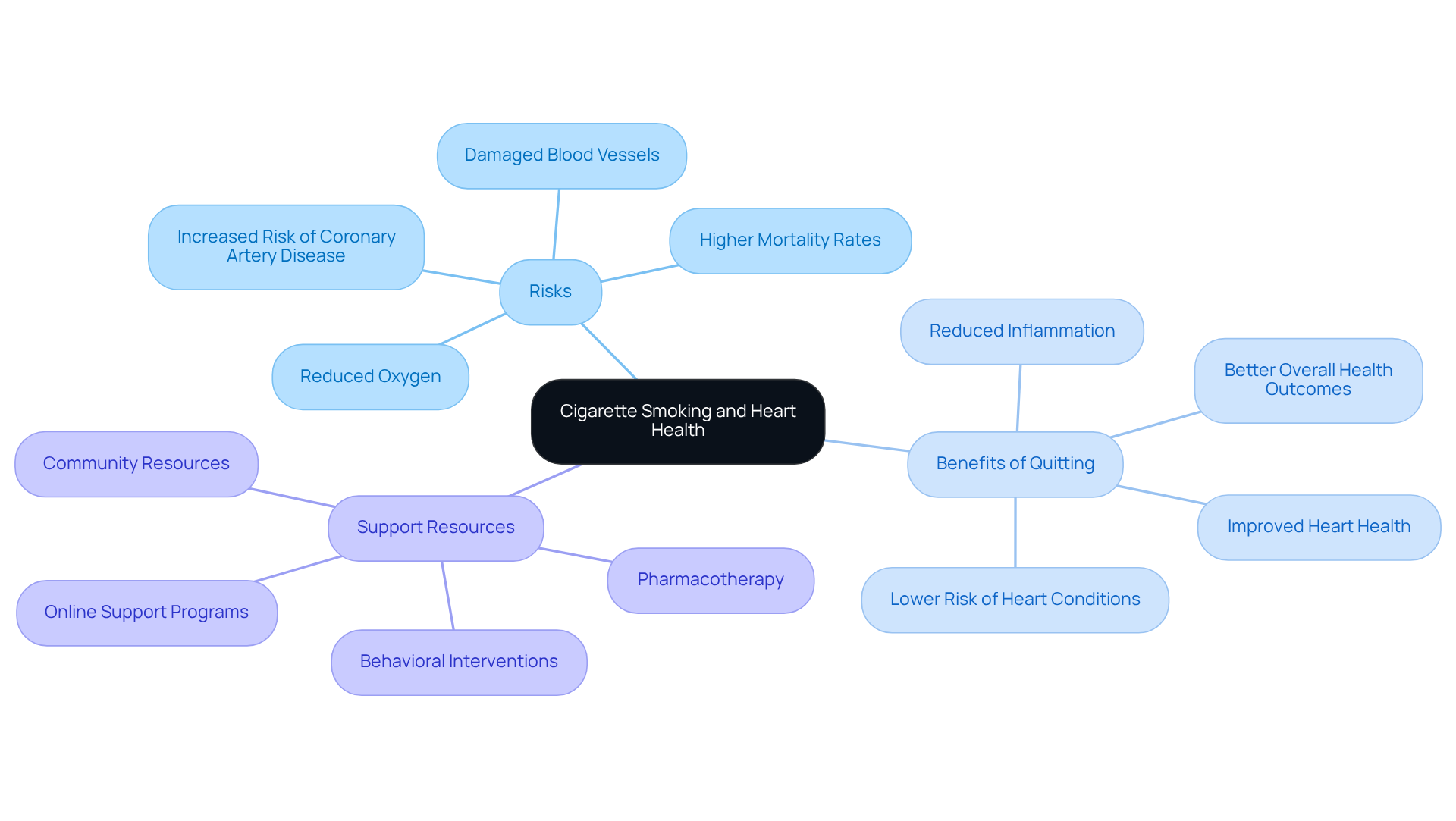The center shows the main issue of smoking, with branches leading to its risks, the benefits of quitting, and resources to help. Follow the branches to see how everything connects.