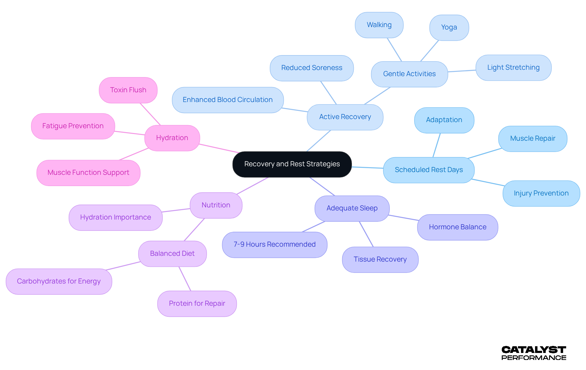 The center represents the main theme of recovery and rest, while the branches show different strategies you can adopt. Each strategy has its own benefits, helping you understand how to enhance your fitness journey. The center represents the main theme of recovery and rest, while the branches show different strategies you can adopt. Each strategy has its own benefits, helping you understand how to enhance your fitness journey.