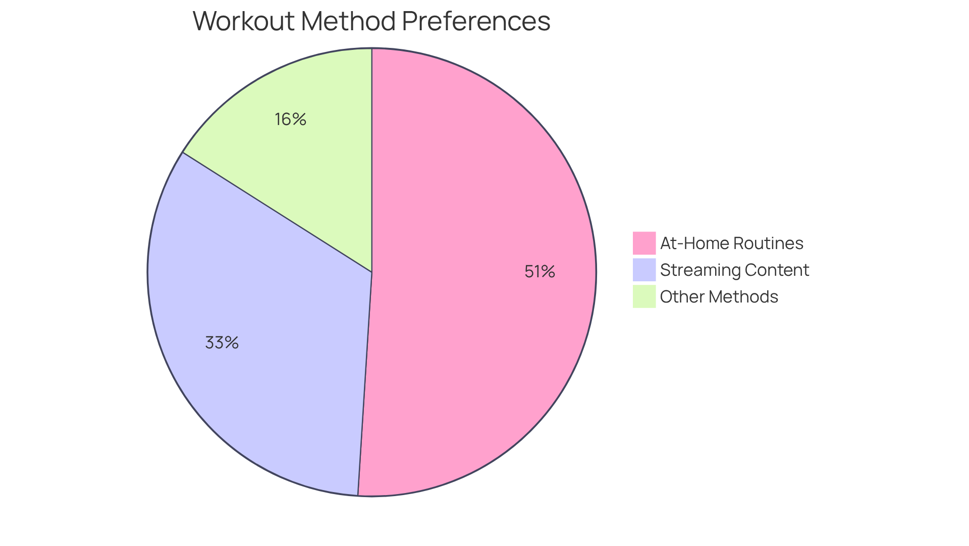 This chart shows how exercisers prefer to work out. The bigger the slice, the more people chose that method. The blue slice represents those who prefer at-home routines, while the green slice shows those who like streaming workout content. The gray slice includes other workout methods.