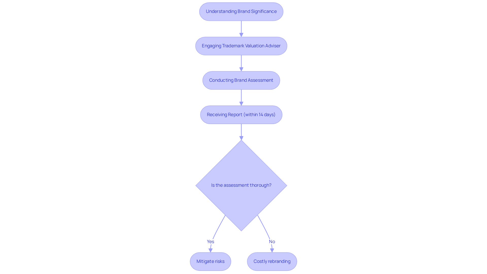 This flowchart shows the steps involved in trademark valuation. Start at the top with understanding the brand's importance, then follow the arrows to see how engaging a valuation adviser leads to assessments and reports. Decision points highlight the importance of thorough assessments and the risks of not conducting them. This flowchart shows the steps involved in trademark valuation. Start at the top with understanding the brand's importance, then follow the arrows to see how engaging a valuation adviser leads to assessments and reports. Decision points highlight the importance of thorough assessments and the risks of not conducting them.