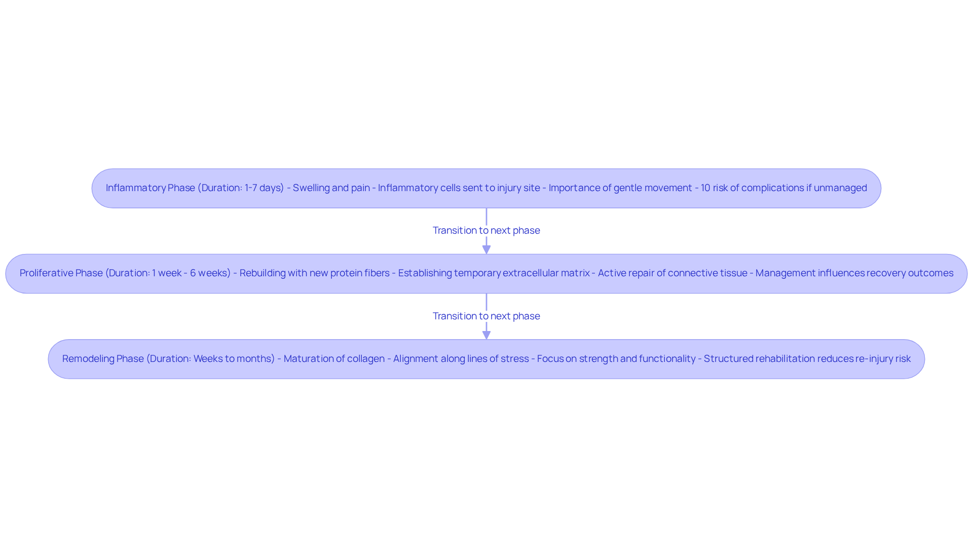 Each box represents a phase in the healing process. Follow the arrows to see how each phase builds on the previous one, and read the key points to understand what happens during each stage.