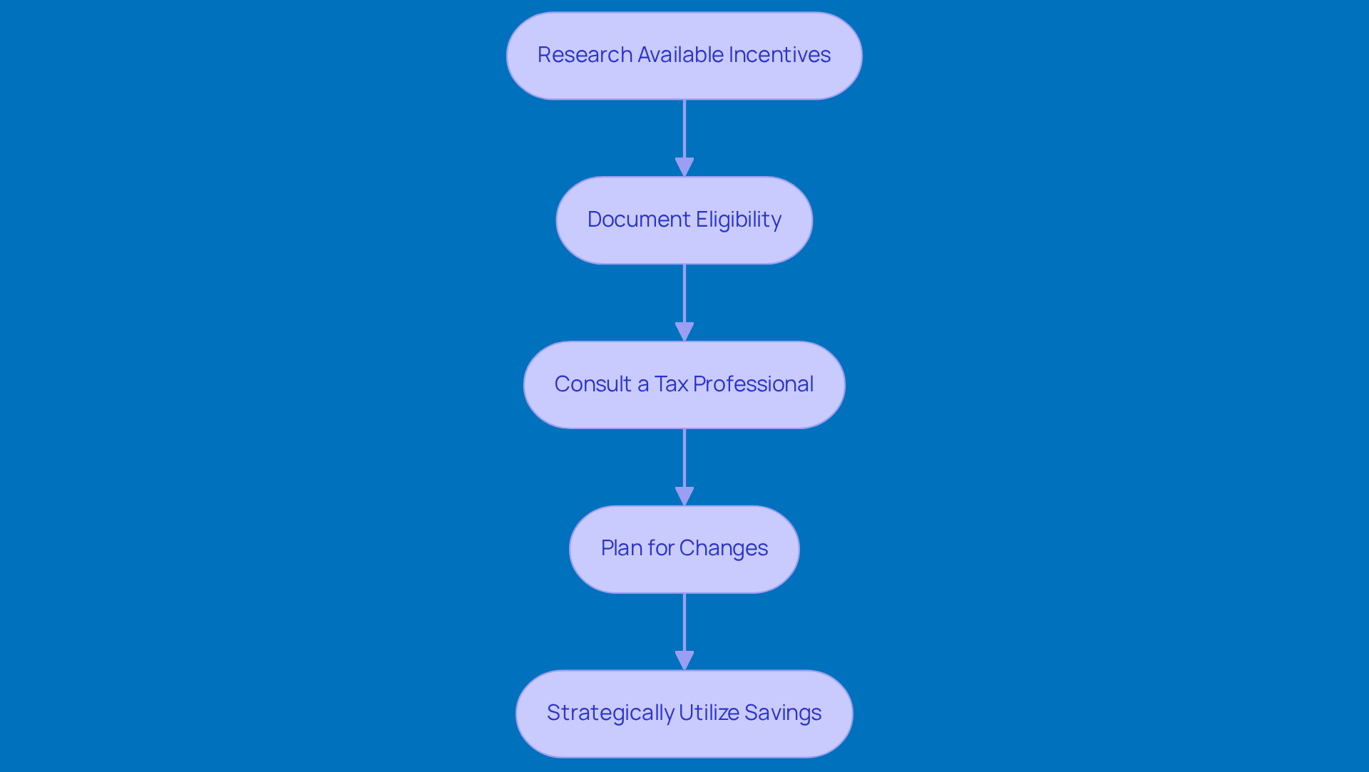 Follow the arrows to see how each step builds on the previous one. Start with researching incentives, then document your eligibility, consult a tax professional for advice, plan for any changes in tax laws, and finally, think about how to use your savings wisely!