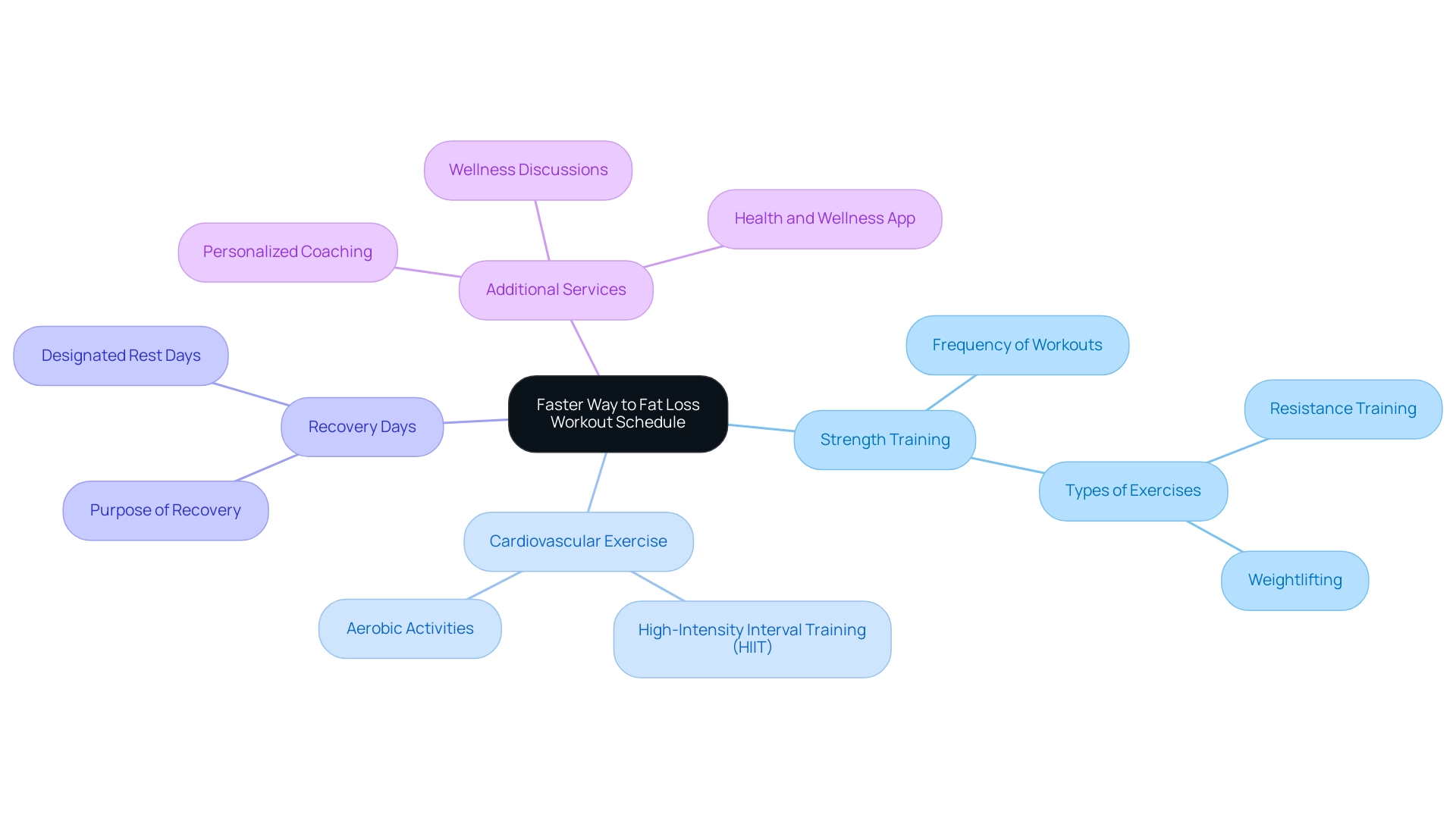 The central node represents the overall workout schedule, with branches showing the main components and their respective subcomponents.