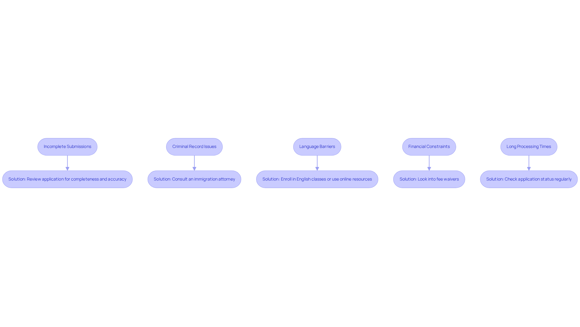 Each box represents a challenge you might face during the citizenship process, and the arrows lead you to the solutions that can help you overcome those challenges. Follow the flow to see how to tackle each issue effectively.