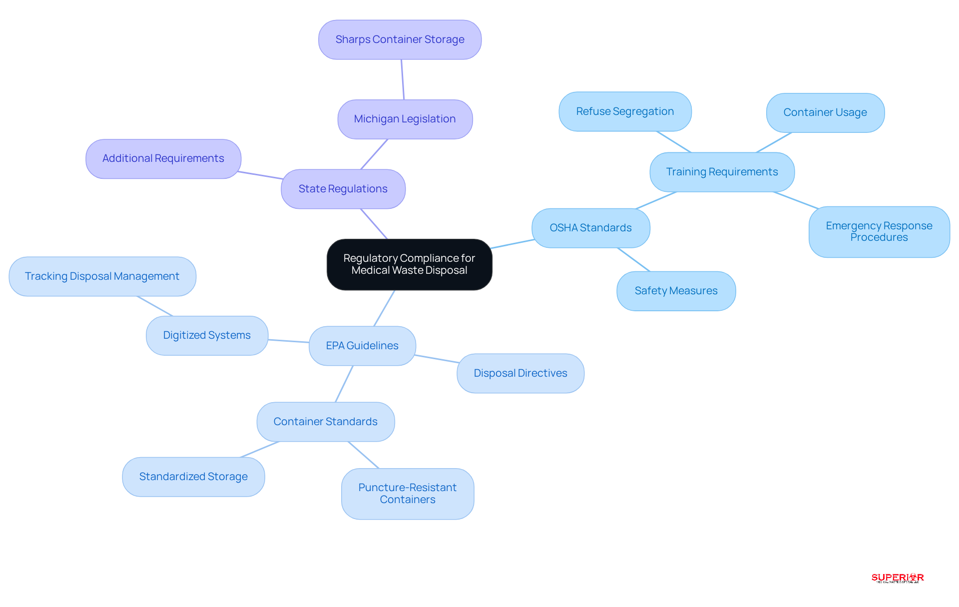 The center represents the main topic of regulatory compliance, while the branches show different regulations and guidelines. Each sub-branch provides specific details about what is required under each regulation. The center represents the main topic of regulatory compliance, while the branches show different regulations and guidelines. Each sub-branch provides specific details about what is required under each regulation.