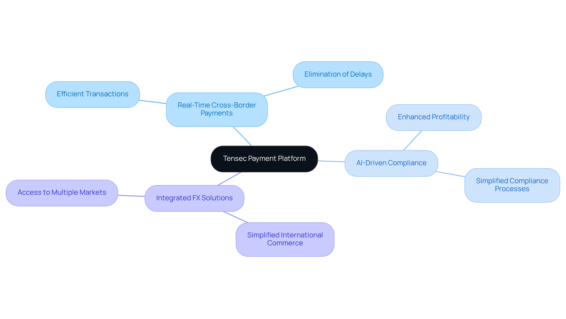 The center node represents Tensec's platform, and the branches show its features and benefits. Follow the branches to see how each part contributes to the overall efficiency of international transactions.