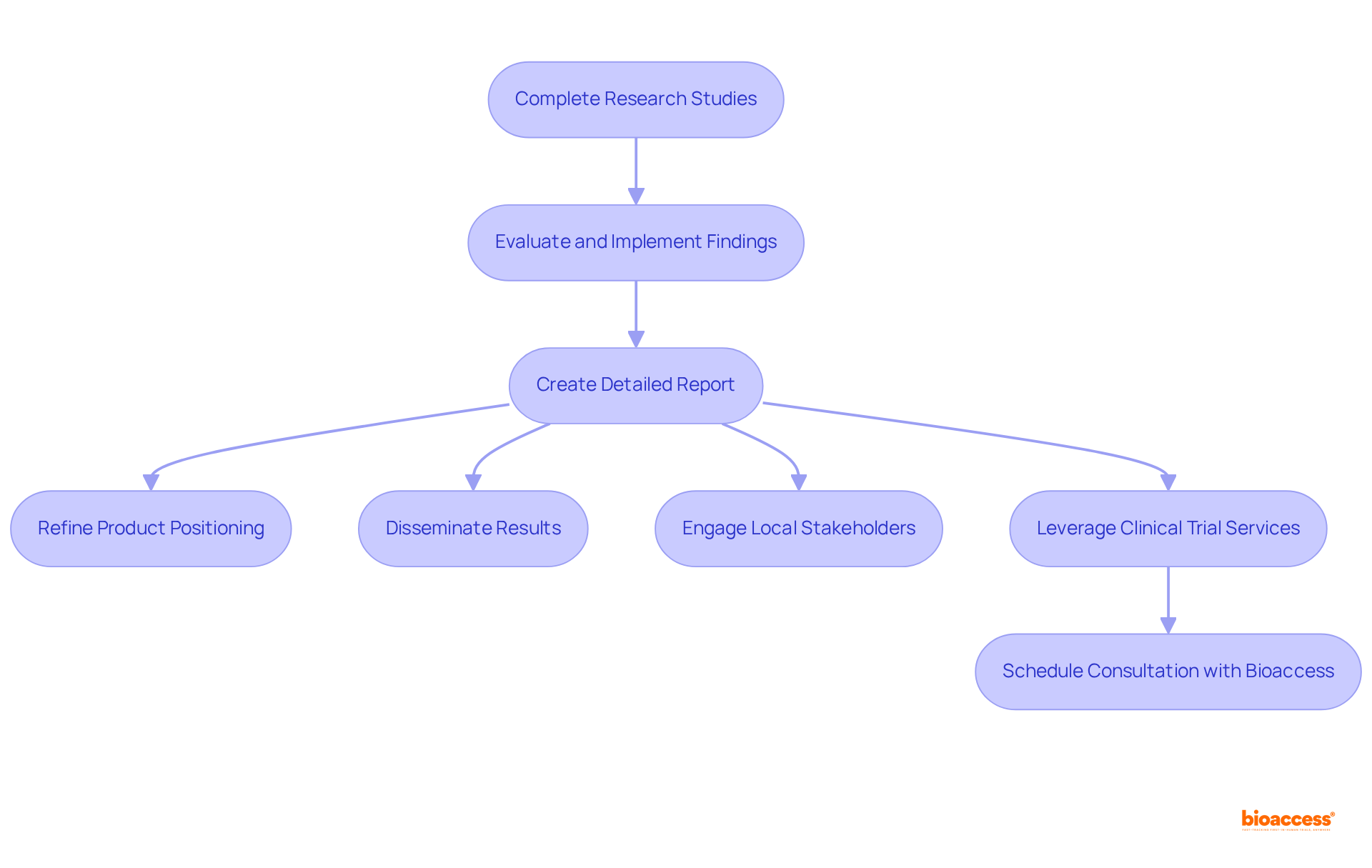 Follow the arrows from one step to the next to see how each action contributes to successfully entering the market. Each box represents a crucial part of the strategy, showing the logical path from research completion to market implementation.