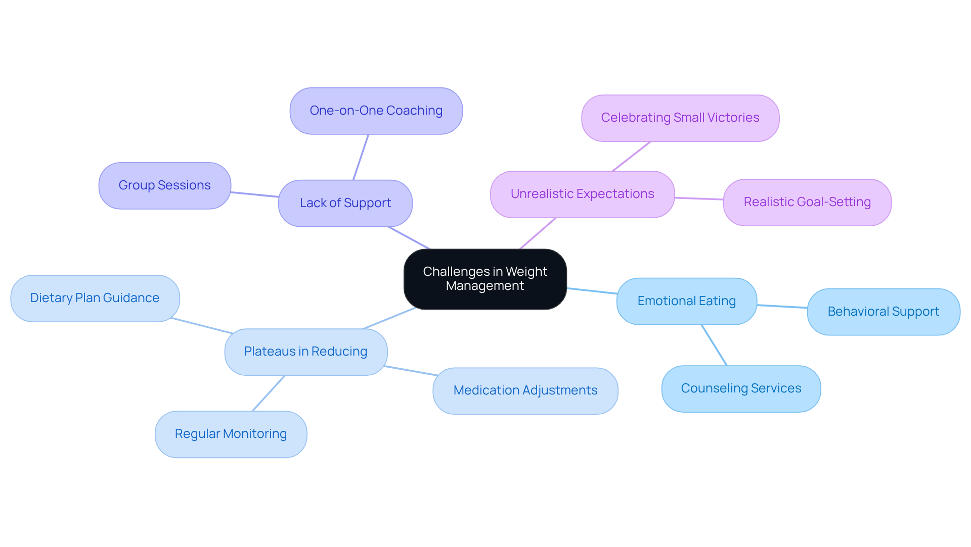 The center shows the main topic of weight management challenges. Each branch represents a specific challenge, and the sub-branches explain how the program helps overcome them. This visual helps you understand the support available for each hurdle.