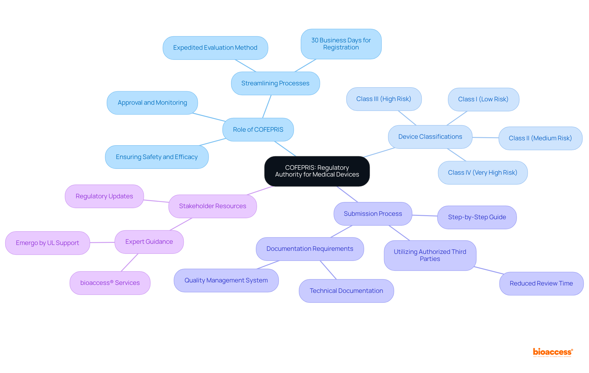 The central node represents the regulatory authority, while the branches detail its roles, device risk classifications, submission processes, and resources to aid stakeholders. Follow the branches to explore how each aspect is connected.