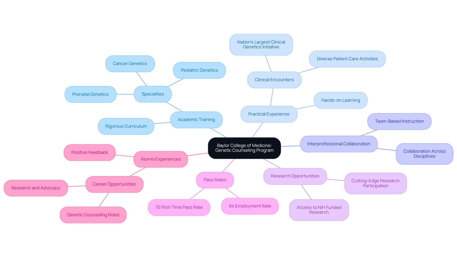 The central node represents the program, while the branches show different aspects of the education and experience offered. Each branch connects to specific details, helping you see how everything fits together.