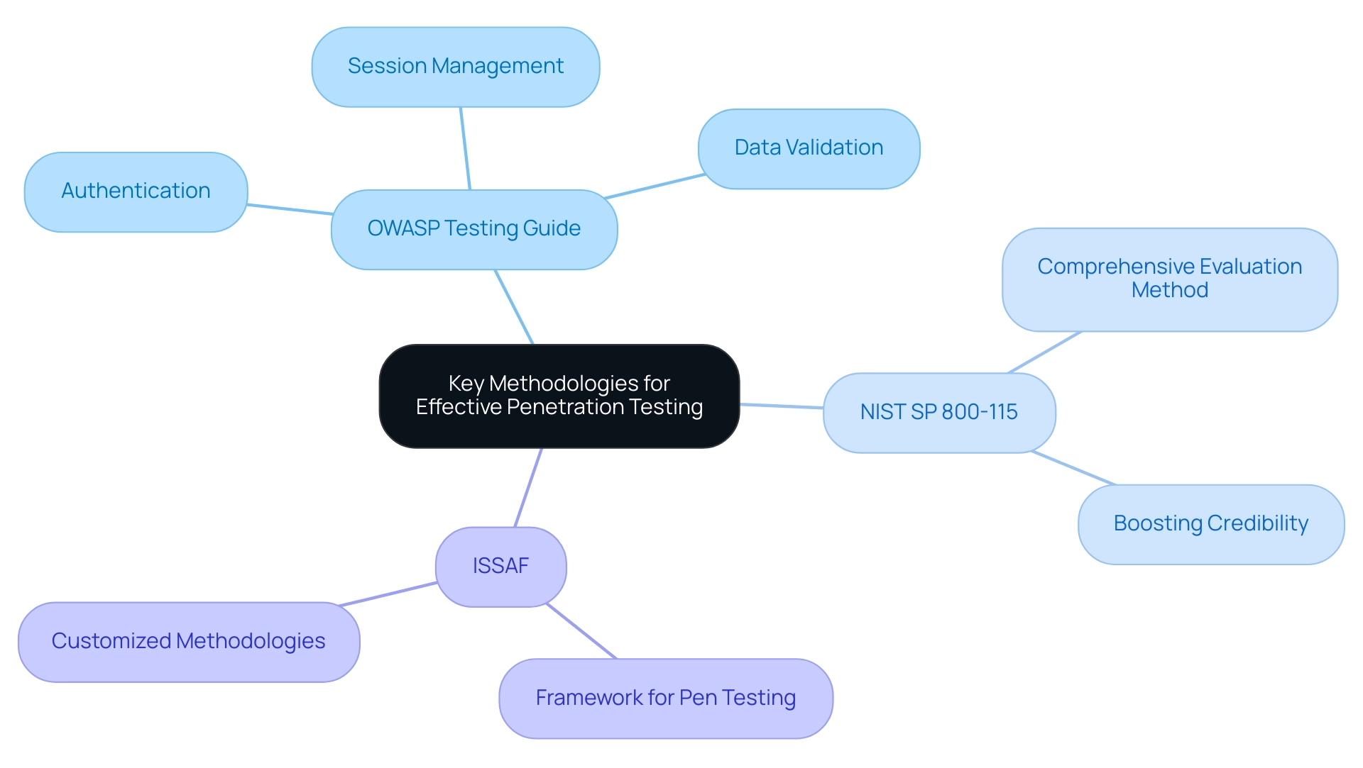 Each branch represents a different penetration testing methodology, with sub-branches detailing key components associated with each methodology.