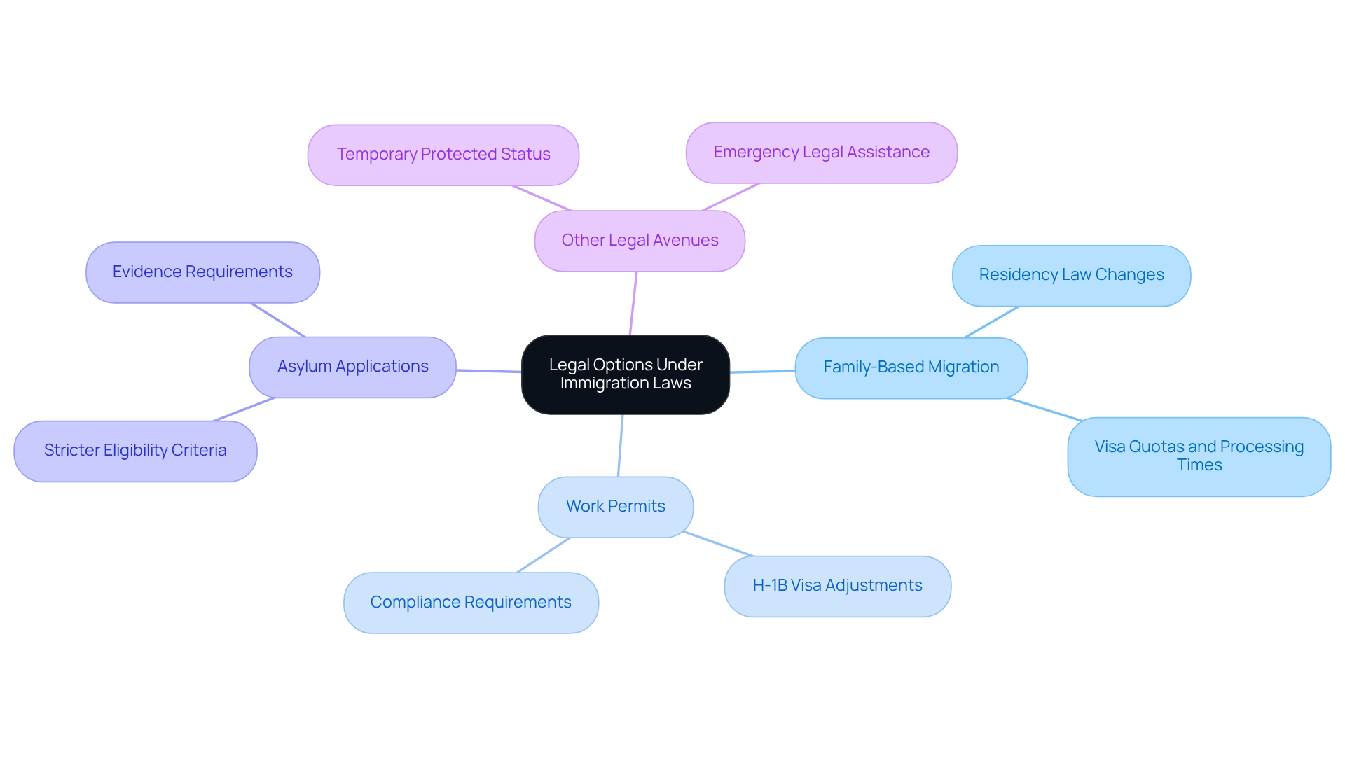 Start at the center with the main theme of legal options, then explore each branch to see the different pathways available. Each color represents a different category, helping you understand the various avenues you can pursue.