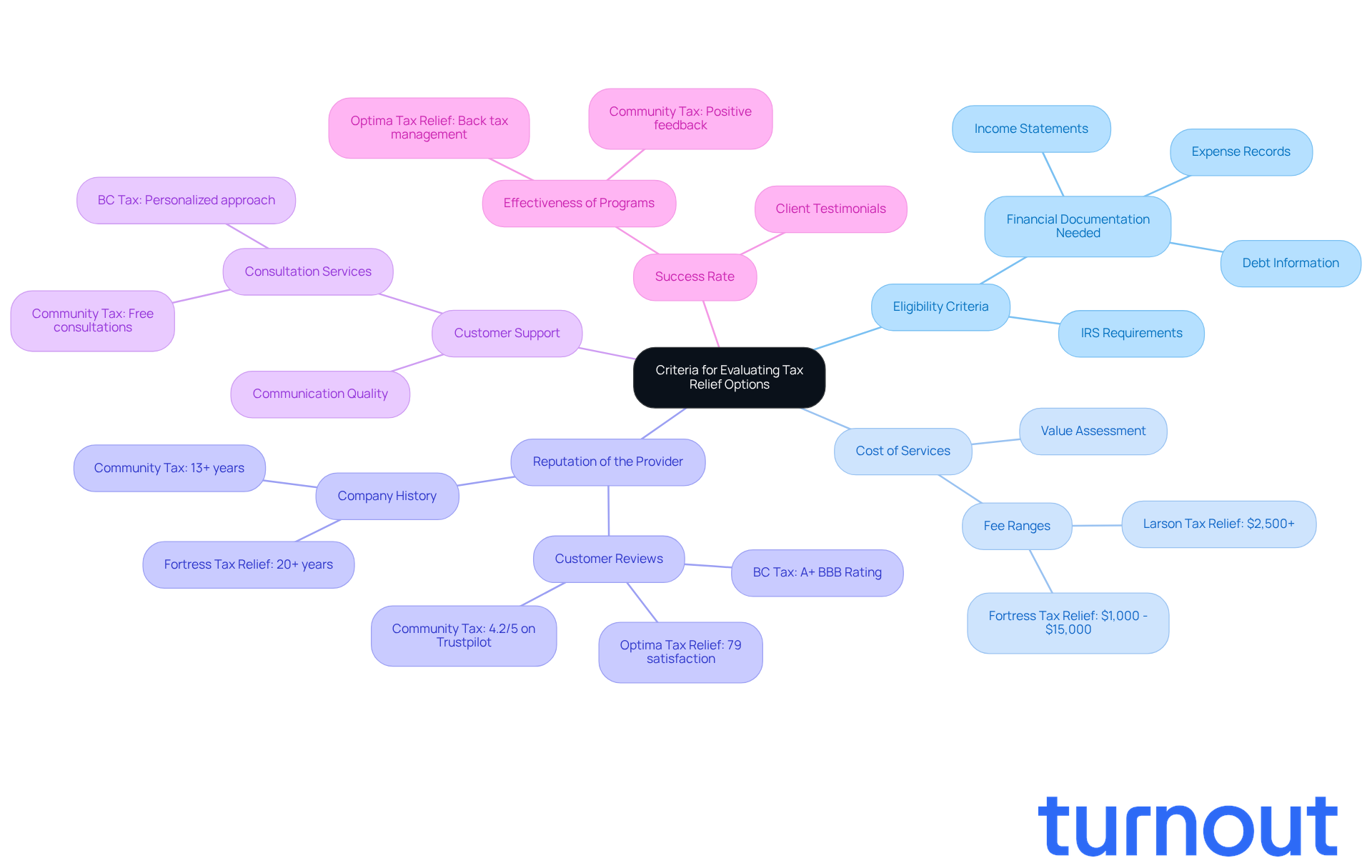 The center represents the main topic, and each branch shows a key criterion to consider. Sub-branches provide additional details or examples, helping you understand what to look for when evaluating tax relief options.