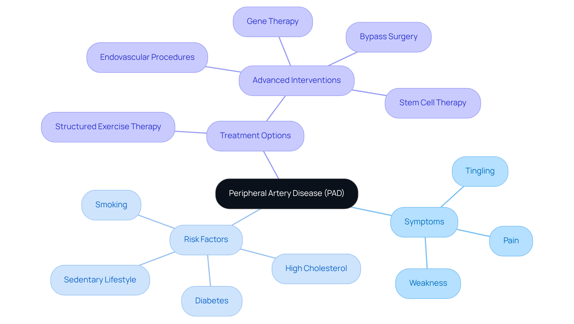 The central node represents PAD, with branches showing its symptoms, risk factors, and ways to manage it. Follow the branches to understand different aspects of the condition and how they relate to each other.