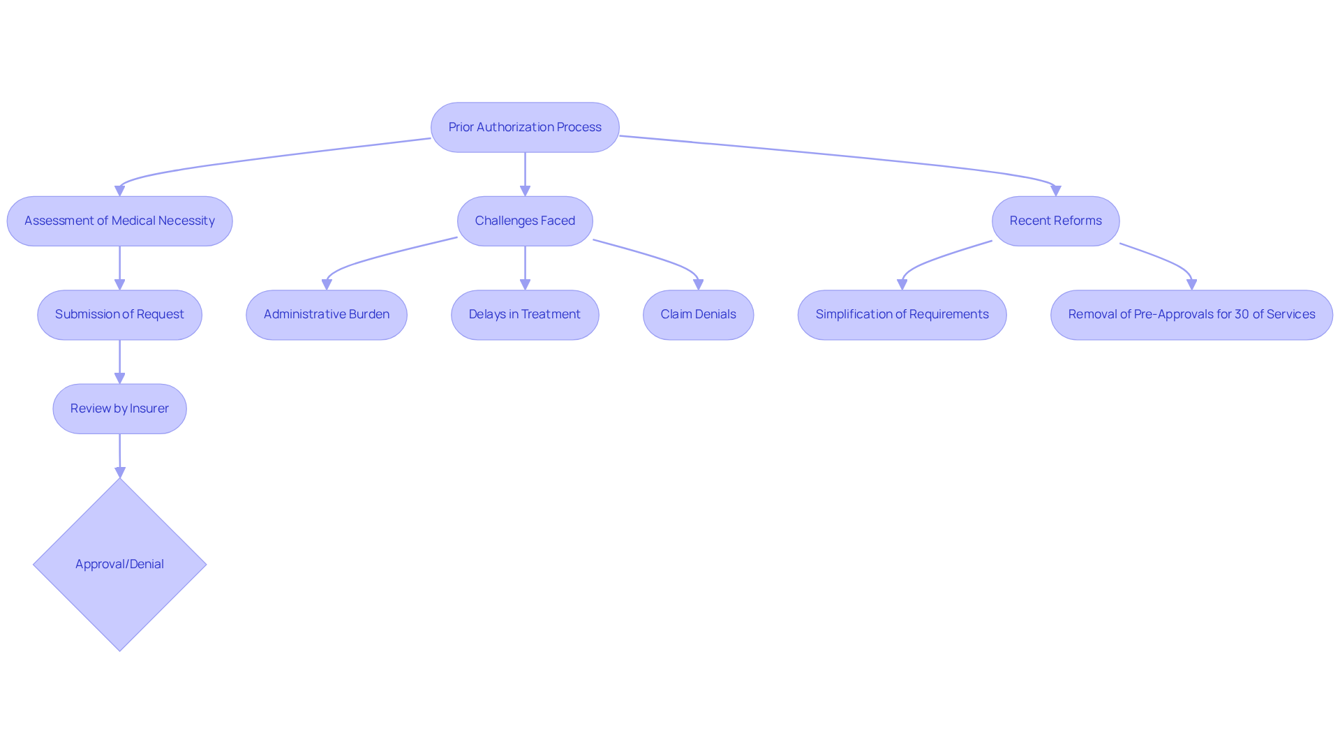 This flowchart illustrates the steps involved in the prior authorization process, the challenges faced by providers, and the recent reforms aimed at improving efficiency. Follow the arrows to see how each part connects and contributes to the overall process.