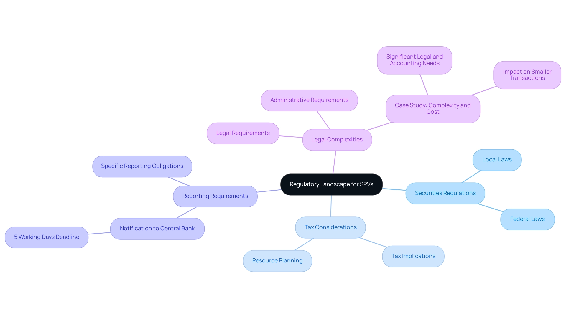 The central node represents the overall regulatory landscape, with branches showing the four key areas of consideration for SPVs, each with their respective subcategories.