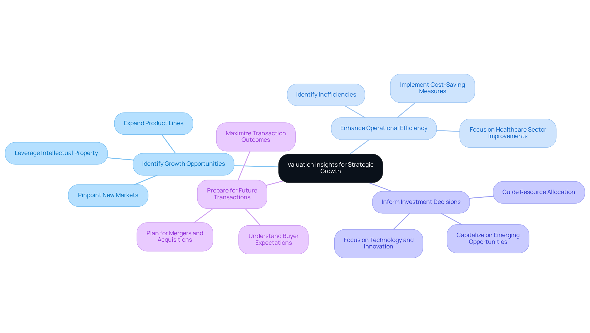 This mindmap shows how business owners can use valuation insights to drive growth. Start at the center with the main idea, then follow the branches to explore different strategies and actions that can lead to success.