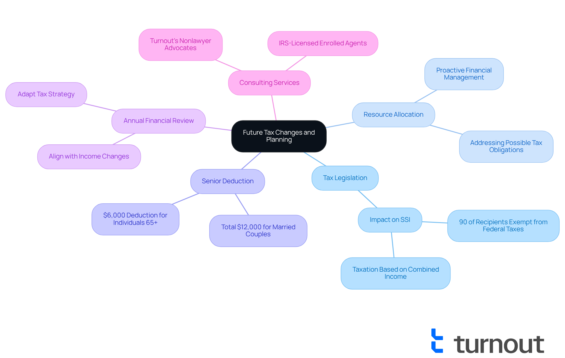The center represents the main topic of future tax changes, and each branch explores different aspects related to tax planning for SSI recipients. Follow the branches to understand the relationships and strategies you can consider.