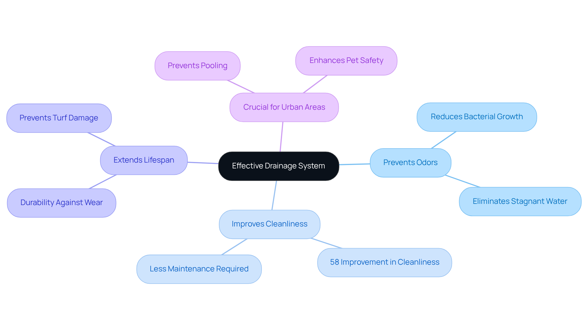 The central node represents the main idea, while the branches show the key benefits of having a good drainage system. Each branch can be explored for more details, helping you understand why proper drainage is vital for pet owners.