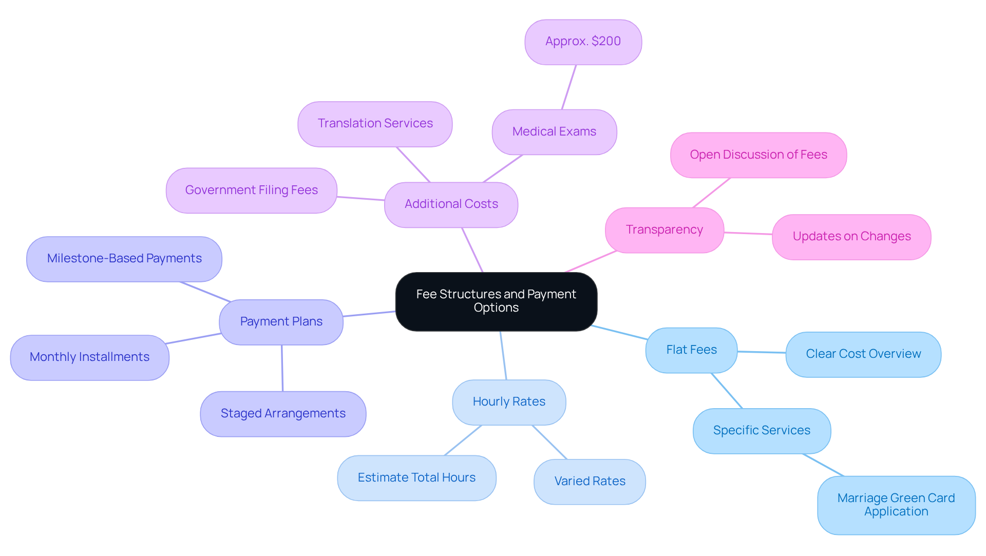 The central node represents the overall topic, while each branch shows a different type of fee or payment option. Follow the branches to see details and examples related to each category.