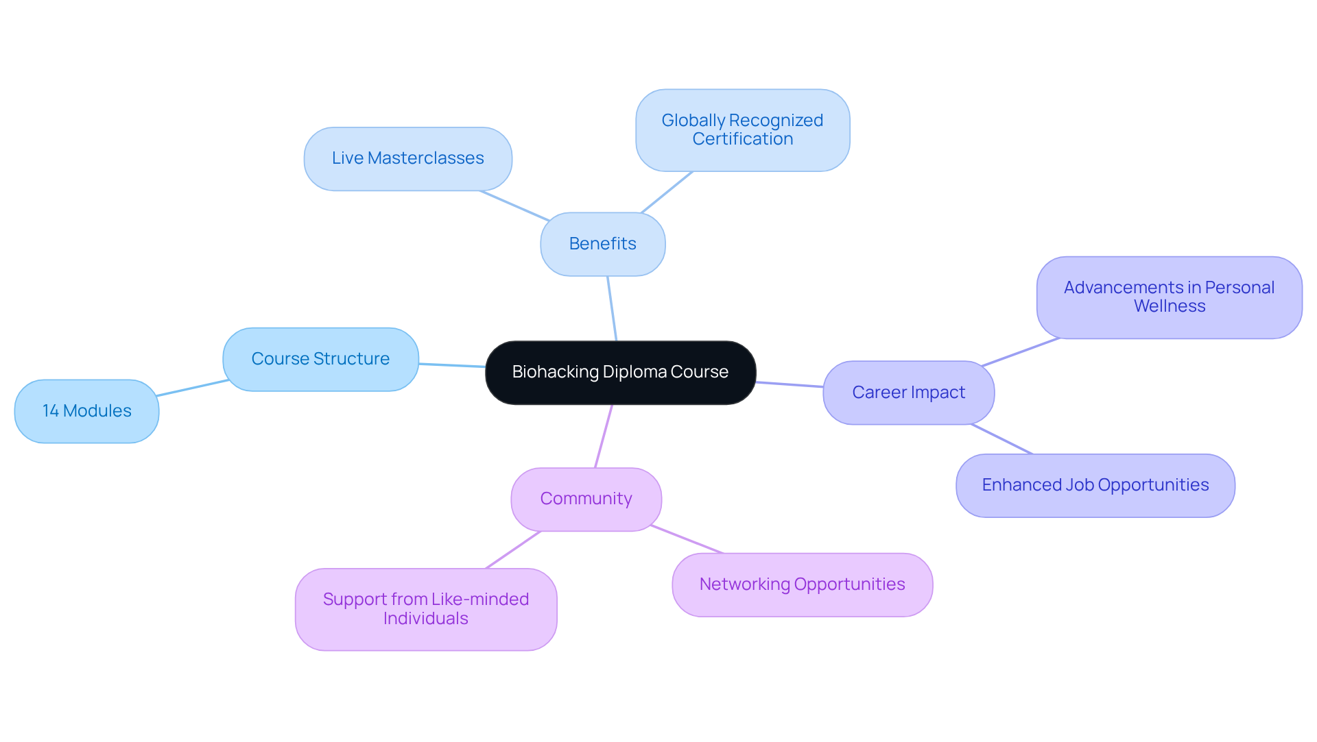 The central node represents the course itself, while the branches highlight the main features and benefits. Each color-coded branch helps you easily identify different aspects of the course. The central node represents the course itself, while the branches highlight the main features and benefits. Each color-coded branch helps you easily identify different aspects of the course.