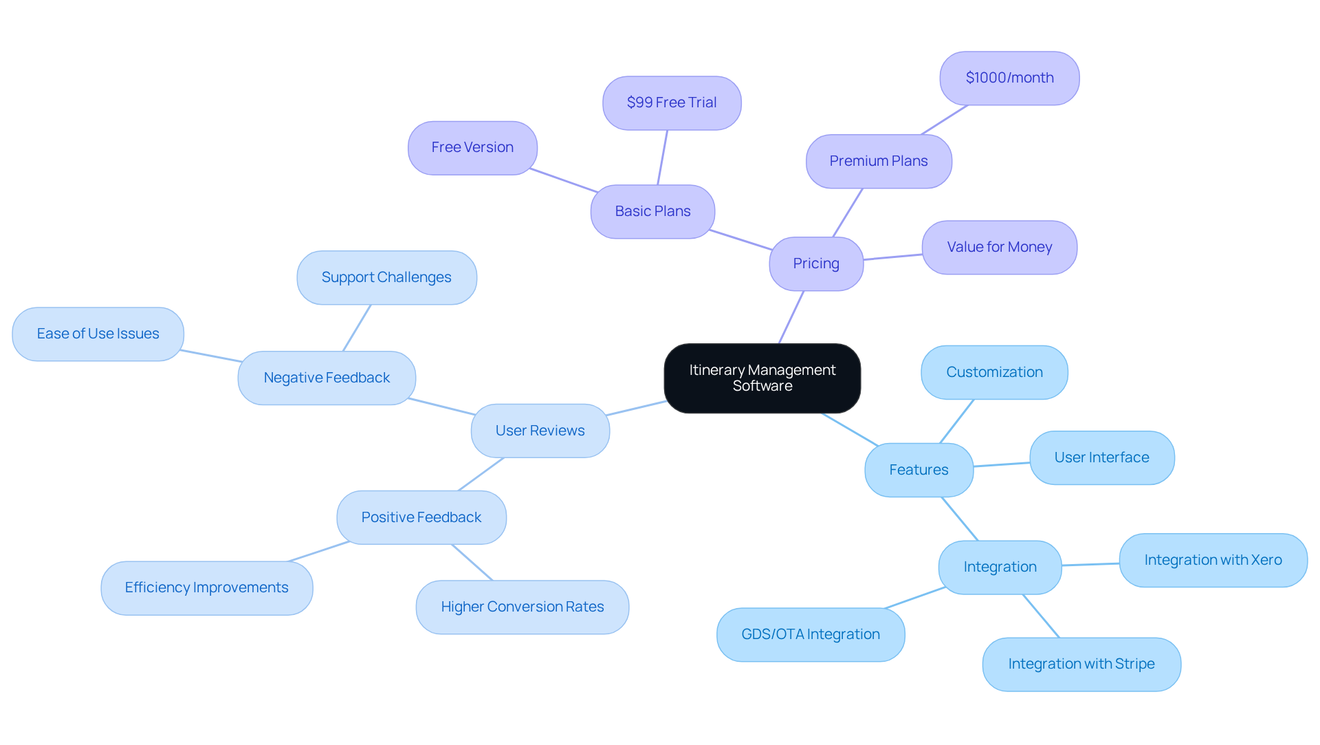 The central node represents the main topic, while the branches show different aspects to consider when choosing software. Each sub-branch provides specific details that help you understand what to look for in itinerary management systems.