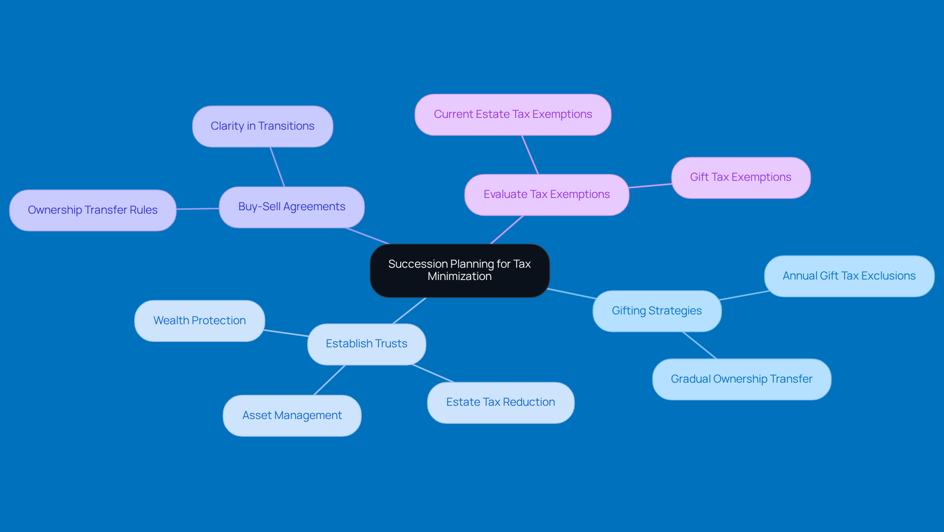 The central node represents the main goal of minimizing tax burdens through succession planning. Each branch shows a different strategy, and the sub-branches provide more details on how to implement those strategies. The central node represents the main goal of minimizing tax burdens through succession planning. Each branch shows a different strategy, and the sub-branches provide more details on how to implement those strategies.