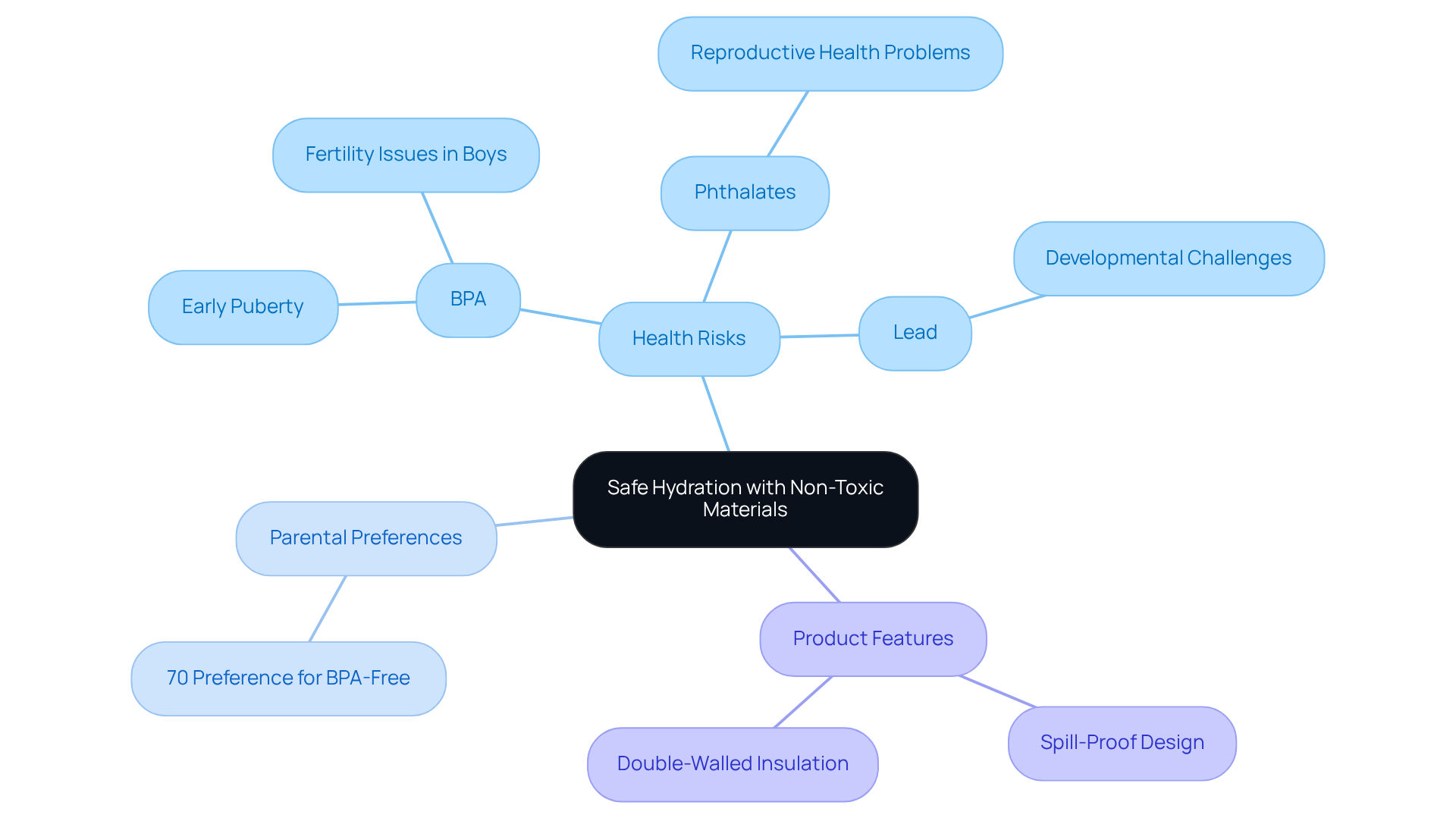 The center represents the main topic of safe hydration. Each branch shows related concerns or preferences, helping you understand how they connect to the overall theme of choosing safe drinkware for children.