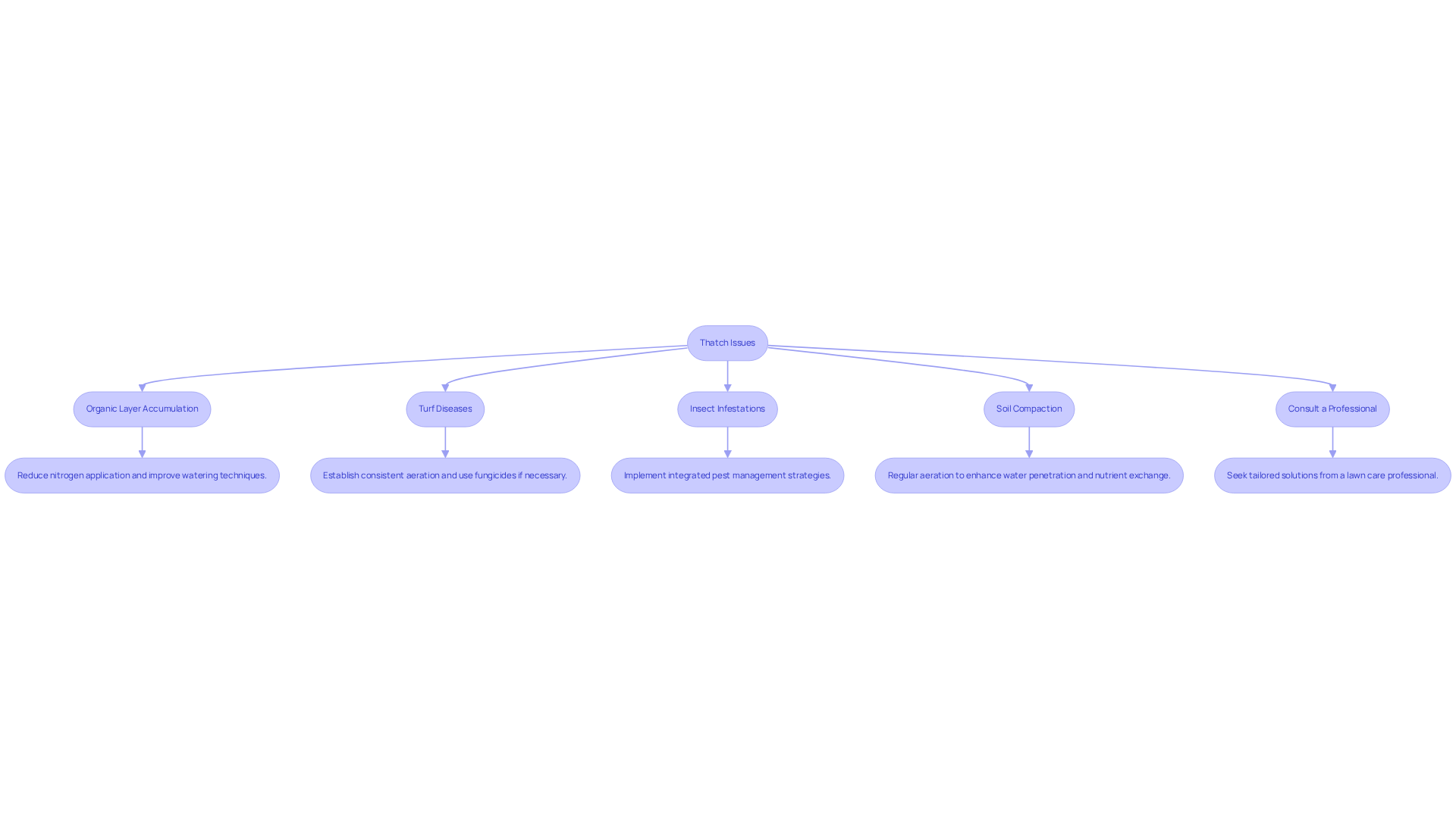 Each box represents a common problem with thatch in your lawn. Follow the arrows to see the recommended solutions for each issue. This flowchart helps you navigate through the challenges and find the right approach to restore your lawn's health.