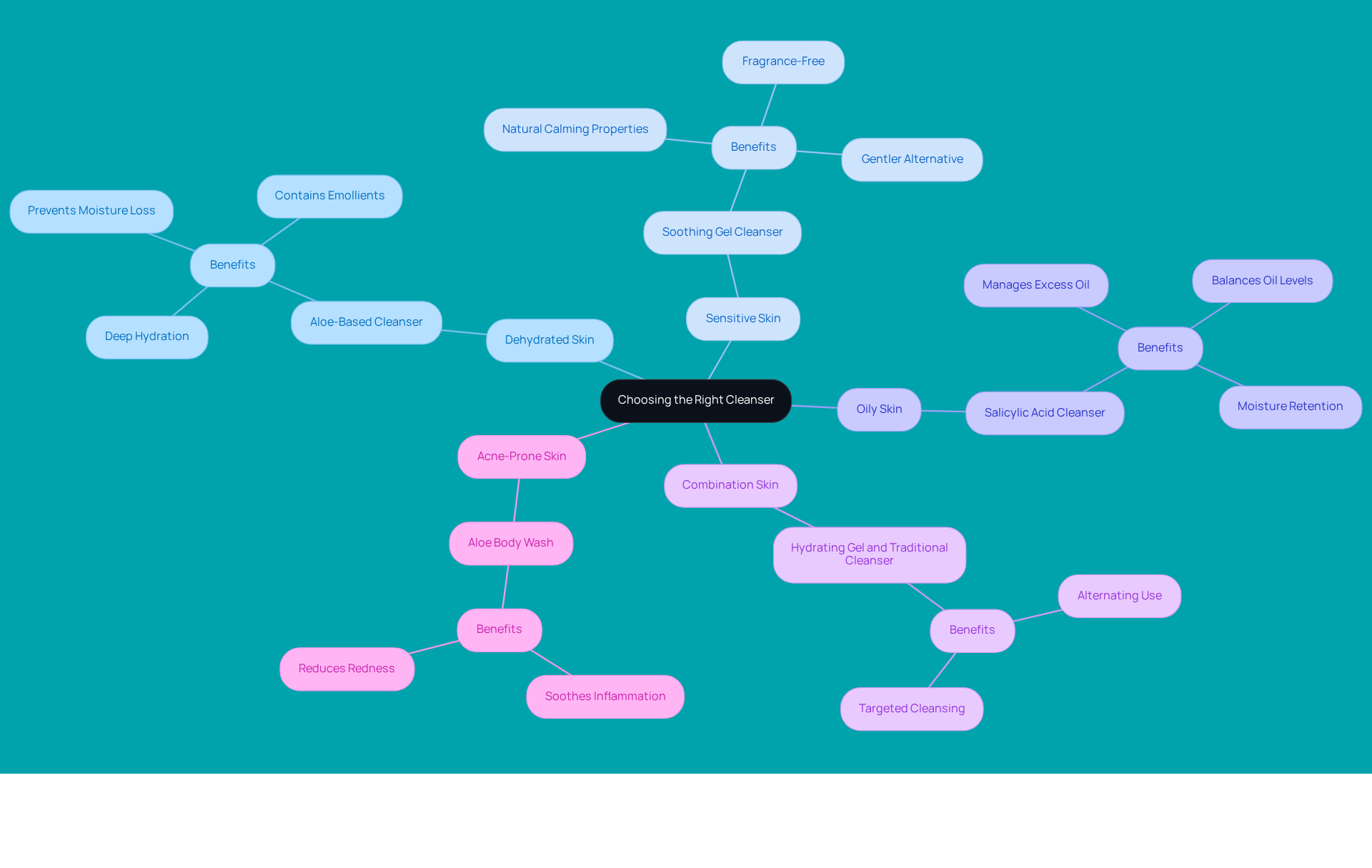 Each branch represents a different skin type, with sub-branches showing the best cleanser options and their benefits. Follow the branches to find the right product for your skin's needs! Each branch represents a different skin type, with sub-branches showing the best cleanser options and their benefits. Follow the branches to find the right product for your skin's needs!