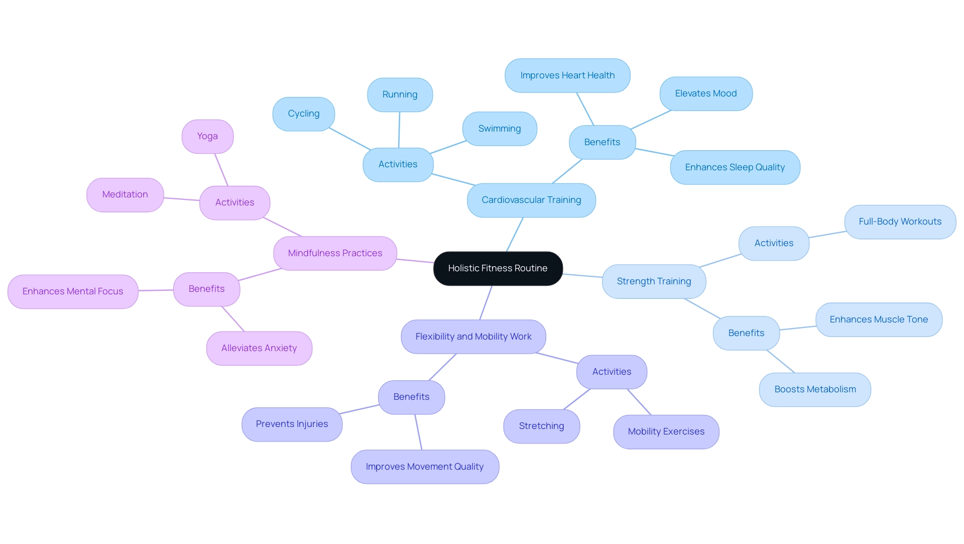 The central node represents the holistic fitness routine, with branches showing the four key components and their respective details.