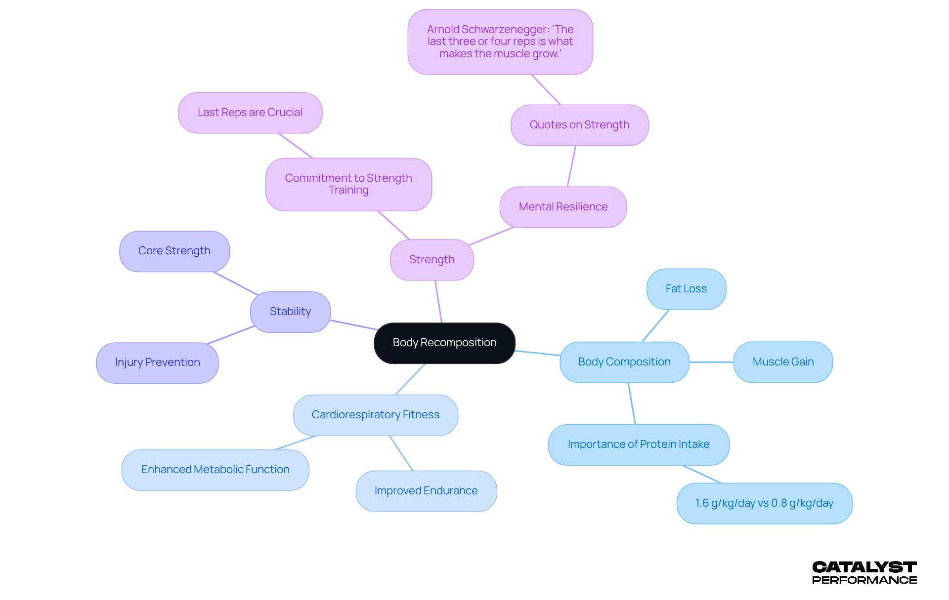 The central node represents the main concept of body recomposition, while the branches show the four key pillars that support this approach. Each pillar is essential for achieving a balanced and effective fitness strategy.