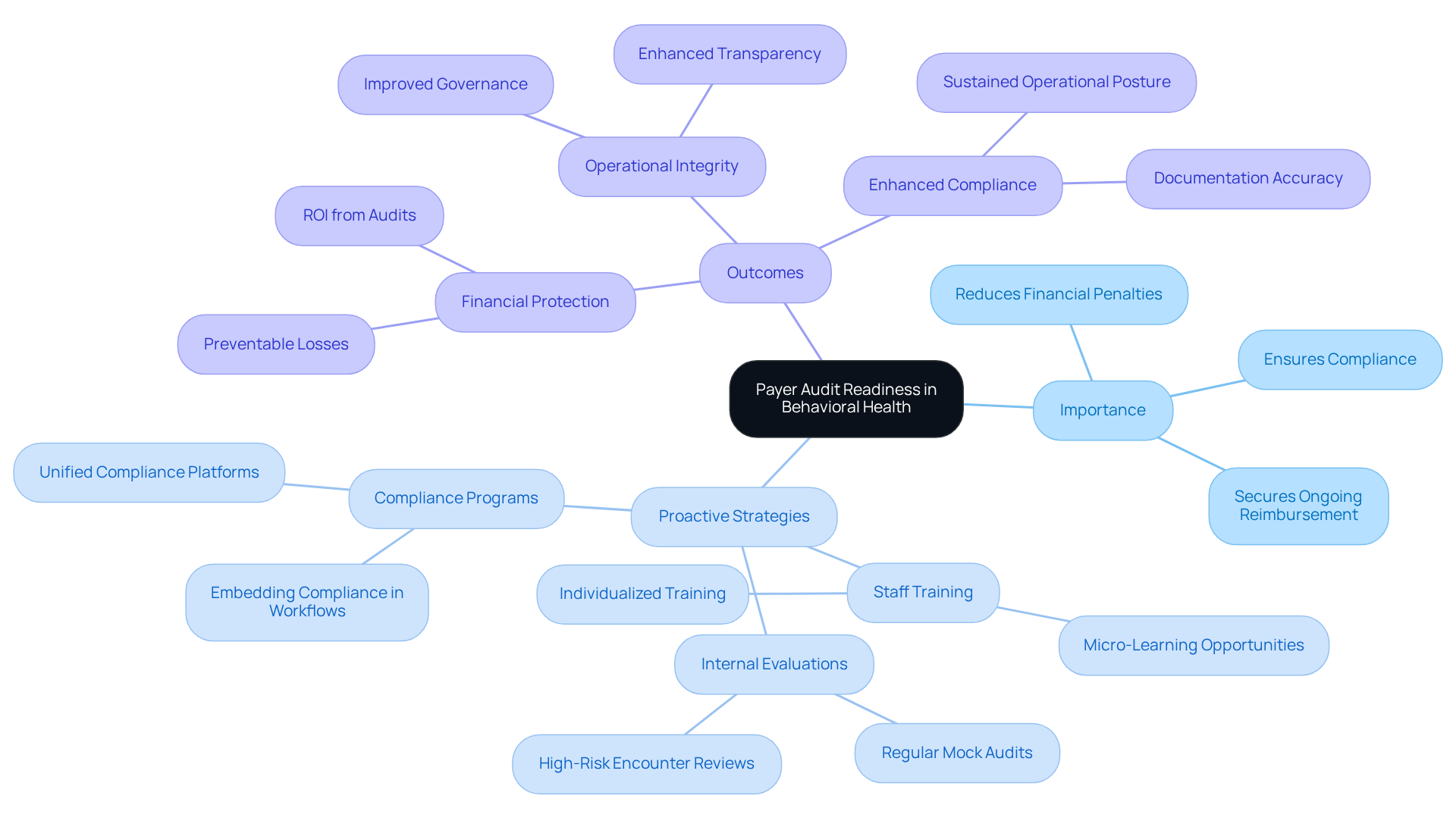 The central node represents the main concept of payer audit readiness. Follow the branches to explore its importance, the strategies to achieve it, and the positive outcomes for organizations.