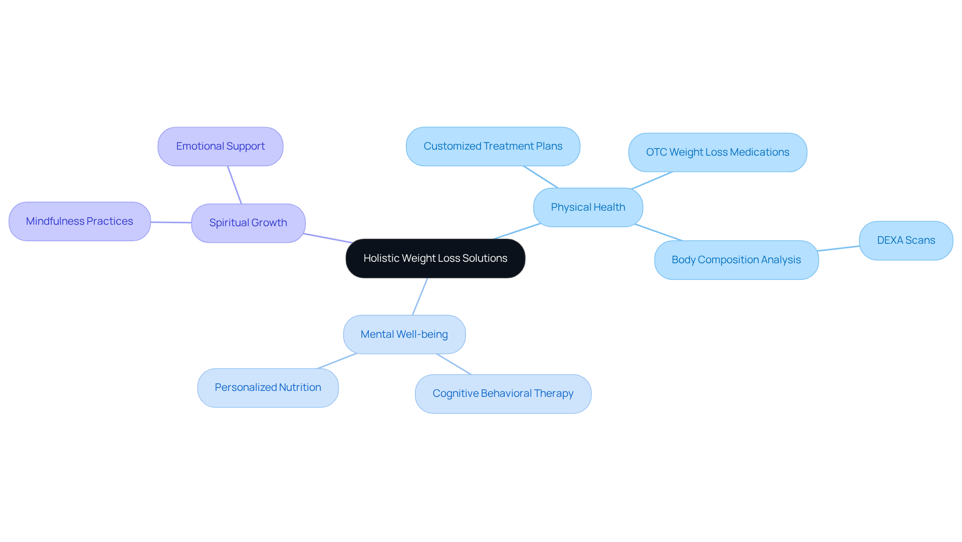 Start at the center with the main theme of holistic weight loss, then explore each branch to see how physical, mental, and spiritual aspects contribute to a comprehensive approach.