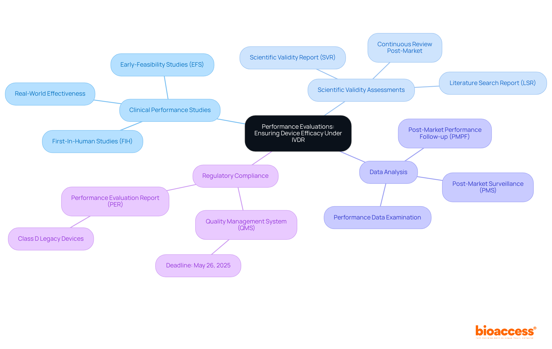 The center node represents the overarching topic of performance evaluations. Each branch leads to critical components of the evaluations, with additional details provided in sub-branches. The colors help differentiate the main areas for easier navigation.