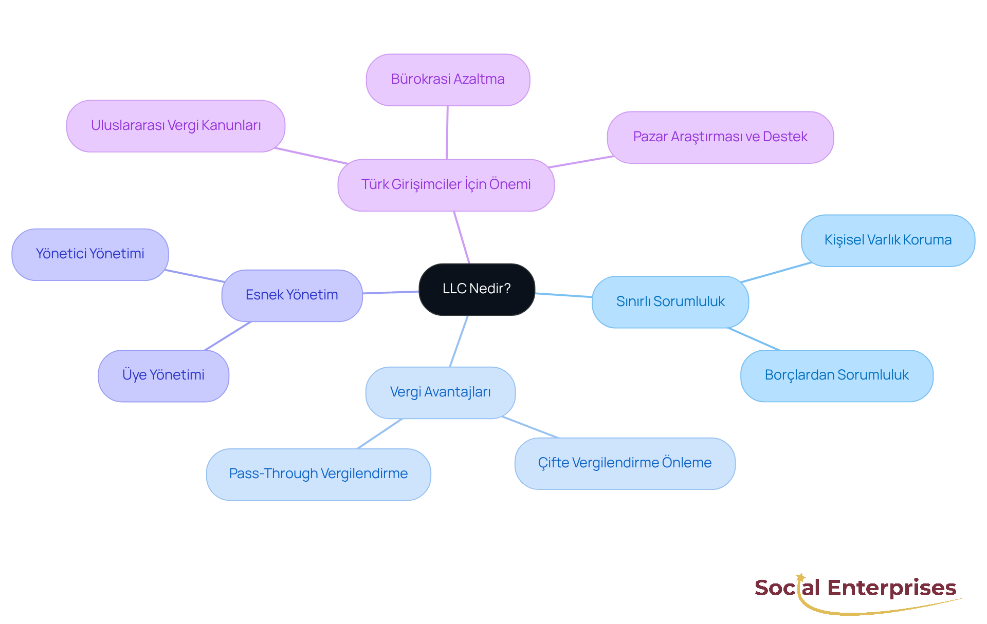 Merkezdeki başlık LLC'nin tanımını temsil ediyor. Dallarla yayılan başlıklar ise LLC'nin sağladığı avantajları ve Türk girişimciler için önemini gösteriyor. Her dal, ilgili bilgileri ve örnekleri açıklıyor. Merkezdeki başlık LLC'nin tanımını temsil ediyor. Dallarla yayılan başlıklar ise LLC'nin sağladığı avantajları ve Türk girişimciler için önemini gösteriyor. Her dal, ilgili bilgileri ve örnekleri açıklıyor.