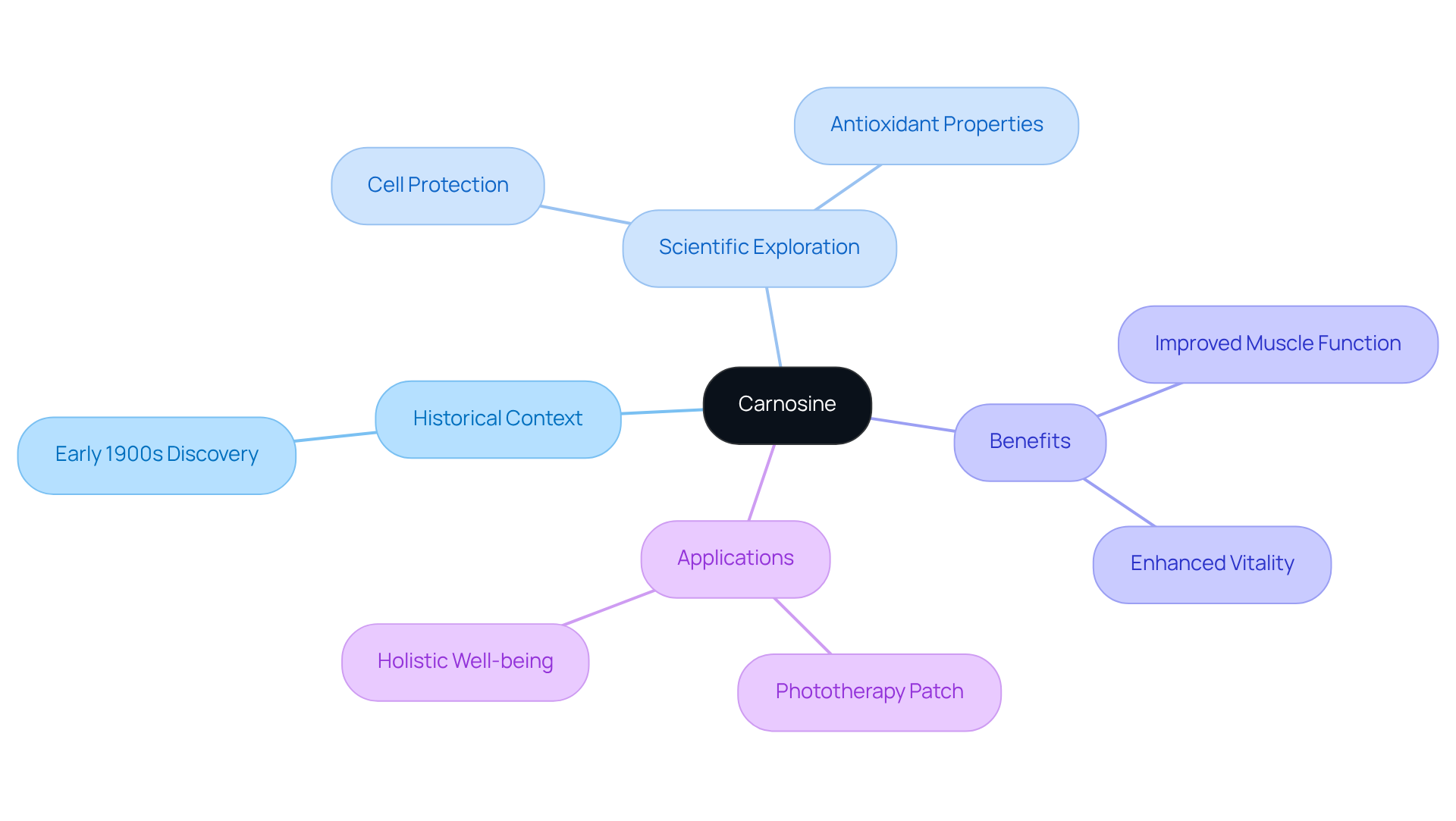 The central node represents carnosine, while the branches show its historical background, scientific research, benefits for health, and practical applications. Follow the branches to understand how these elements connect and contribute to the overall understanding of carnosine. The central node represents carnosine, while the branches show its historical background, scientific research, benefits for health, and practical applications. Follow the branches to understand how these elements connect and contribute to the overall understanding of carnosine.