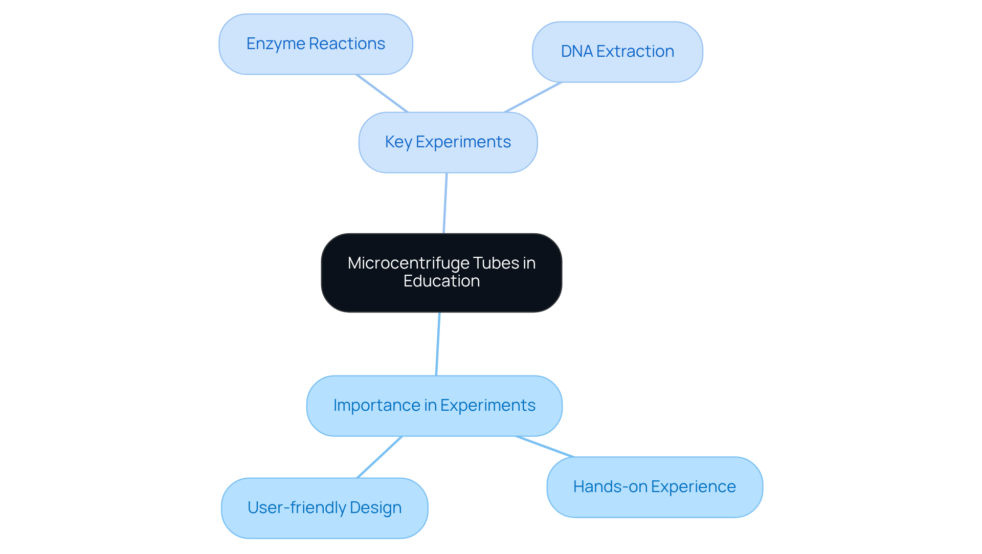 The center represents the main focus on microcentrifuge tubes, while the branches show their importance and the specific experiments students can perform, illustrating the hands-on learning experience. The center represents the main focus on microcentrifuge tubes, while the branches show their importance and the specific experiments students can perform, illustrating the hands-on learning experience.