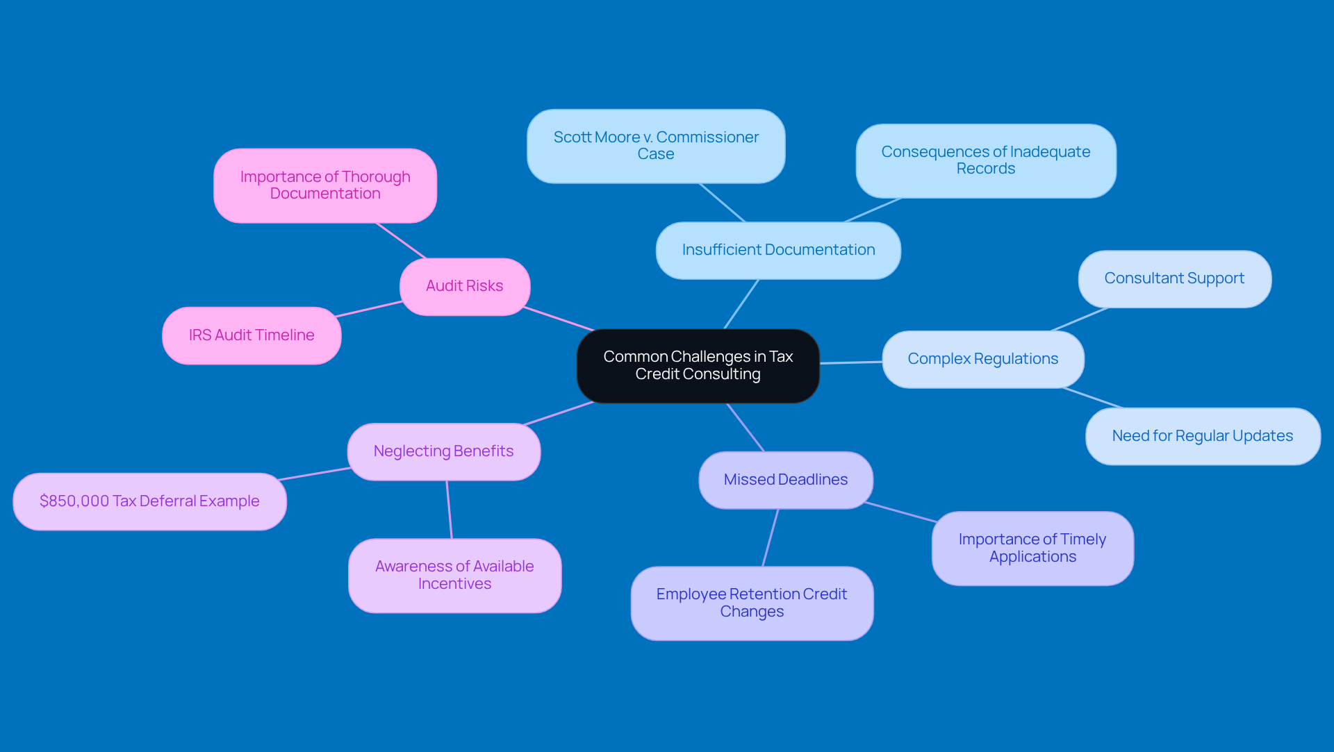 The center shows the main theme, and each branch represents a specific challenge. Follow the branches to see details and examples related to each challenge, making it easy to understand the complexities of tax credit consulting. The center shows the main theme, and each branch represents a specific challenge. Follow the branches to see details and examples related to each challenge, making it easy to understand the complexities of tax credit consulting.