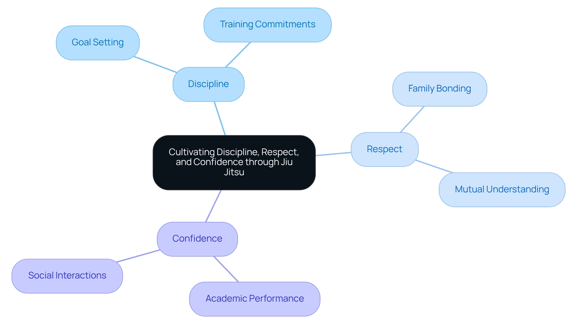 The central node represents the overarching theme of discipline, respect, and confidence, with branches showing their specific benefits and relationships.