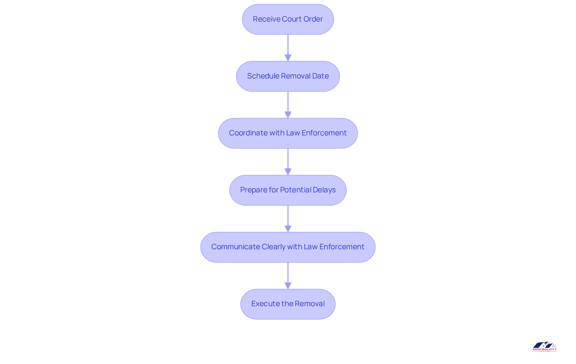 Follow the arrows to see the sequence of actions landlords must take to execute an eviction order. Each step is crucial for ensuring the process is handled legally and respectfully.