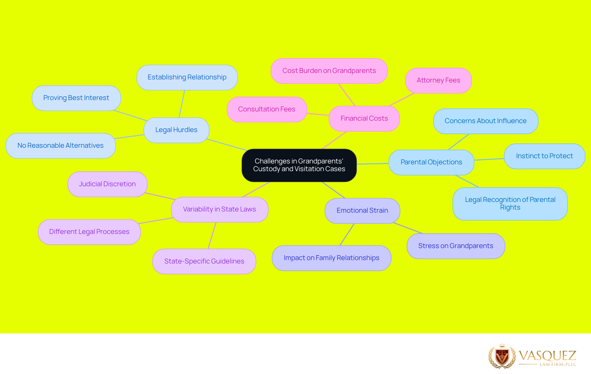 The central node represents the overall theme of the challenges grandparents face. Each branch highlights a specific challenge, and the sub-branches provide more details about that challenge. This layout helps you understand how these issues are interconnected and the broader context of grandparents' rights.