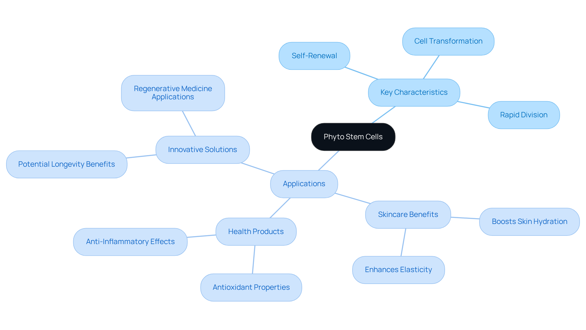 This mindmap starts with the core concept of phyto stem cells at the center. Each branch represents a key characteristic or application, showing how they connect to the main idea. Follow the branches to explore how these cells contribute to plant health and their potential benefits for human wellness.
