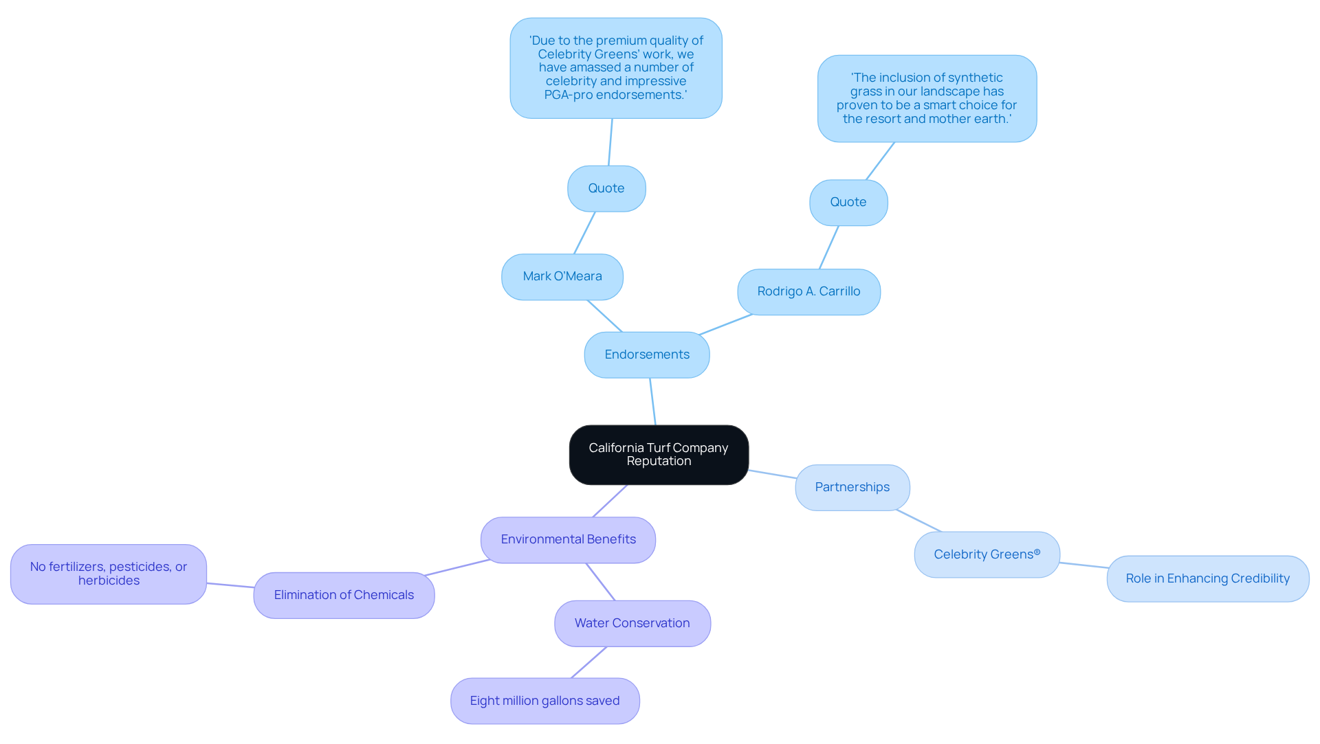 The central node represents the company's reputation, with branches showing endorsements from notable figures, strategic partnerships, and the environmental benefits of their products. Each branch illustrates how these elements contribute to the overall trust in the company.