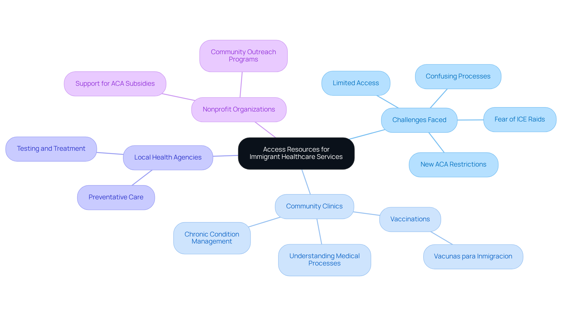 Start at the center with the main topic, then follow the branches to explore the challenges and resources available. Each branch represents a different aspect of immigrant healthcare support. Start at the center with the main topic, then follow the branches to explore the challenges and resources available. Each branch represents a different aspect of immigrant healthcare support.