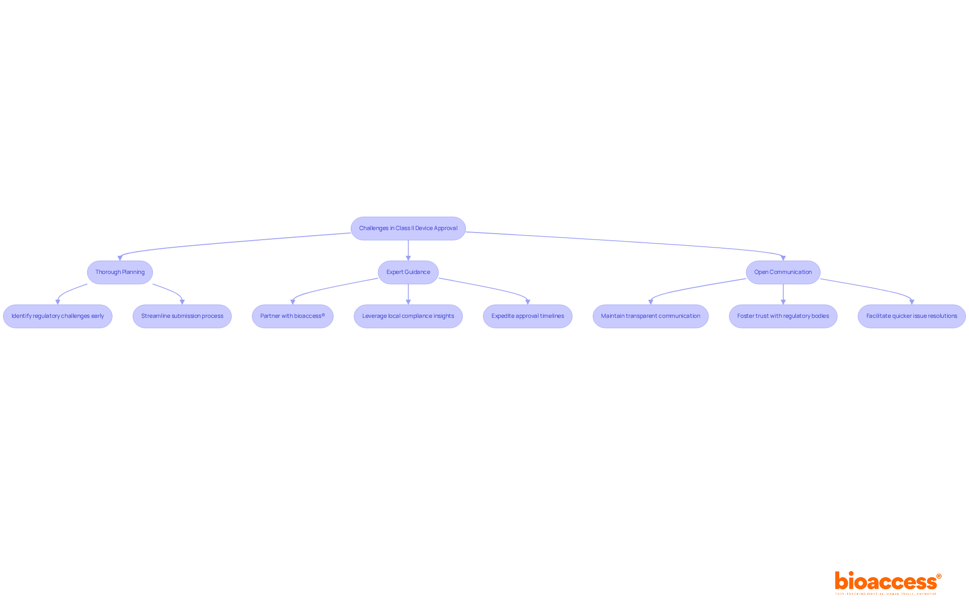 This flowchart outlines the challenges faced in Class II device approval and the strategies to overcome them. Each box represents a key strategy, and the arrows show how these strategies help address the challenges.