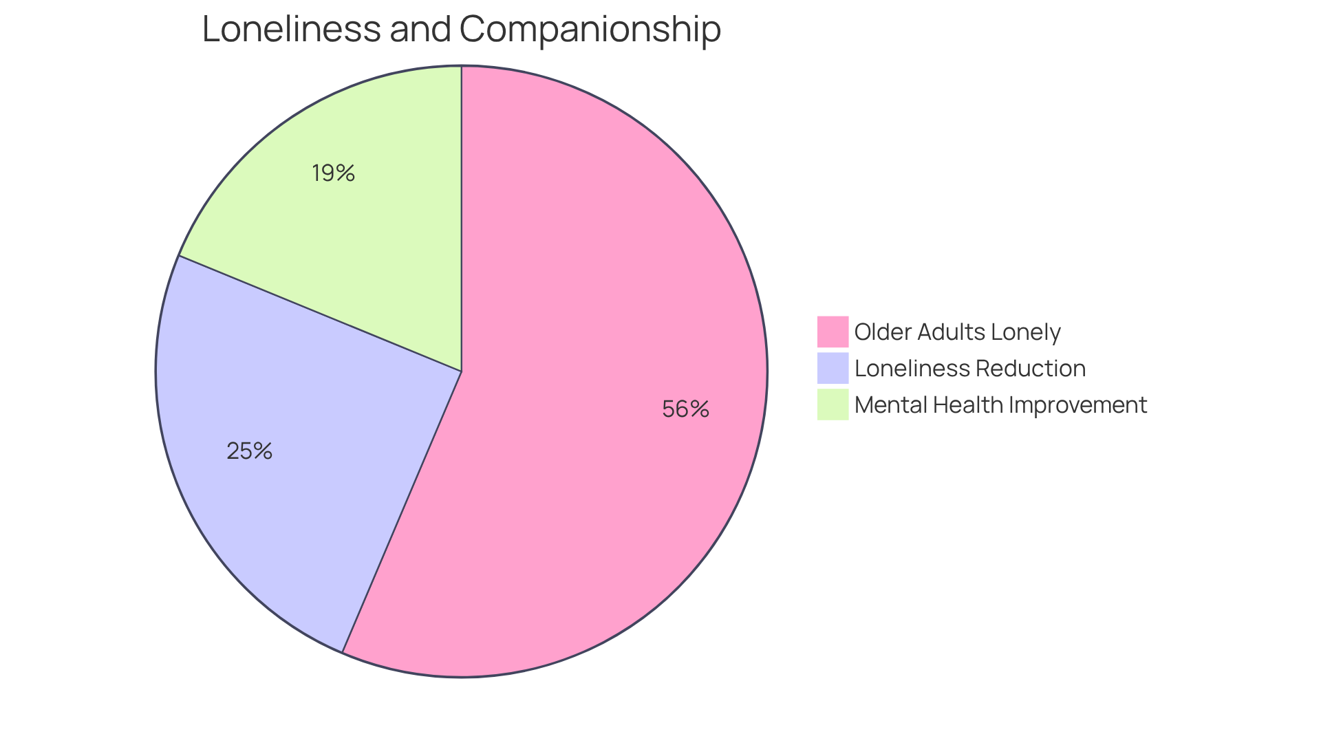 This chart shows the percentage of older adults who feel lonely and how companionship can help reduce those feelings and improve mental health. The larger the slice, the more significant the issue or benefit.