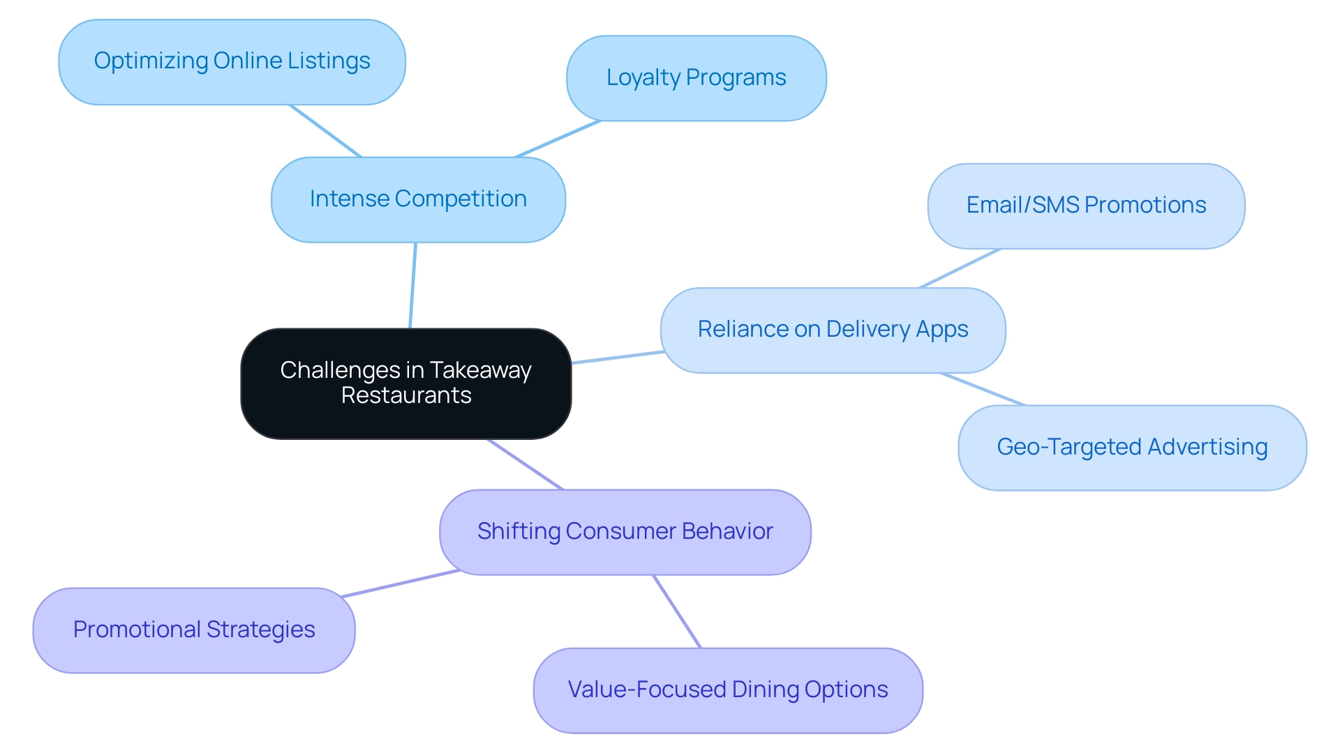 The central node represents the overall challenges, with branches showing specific challenges and their corresponding tailored marketing solutions.