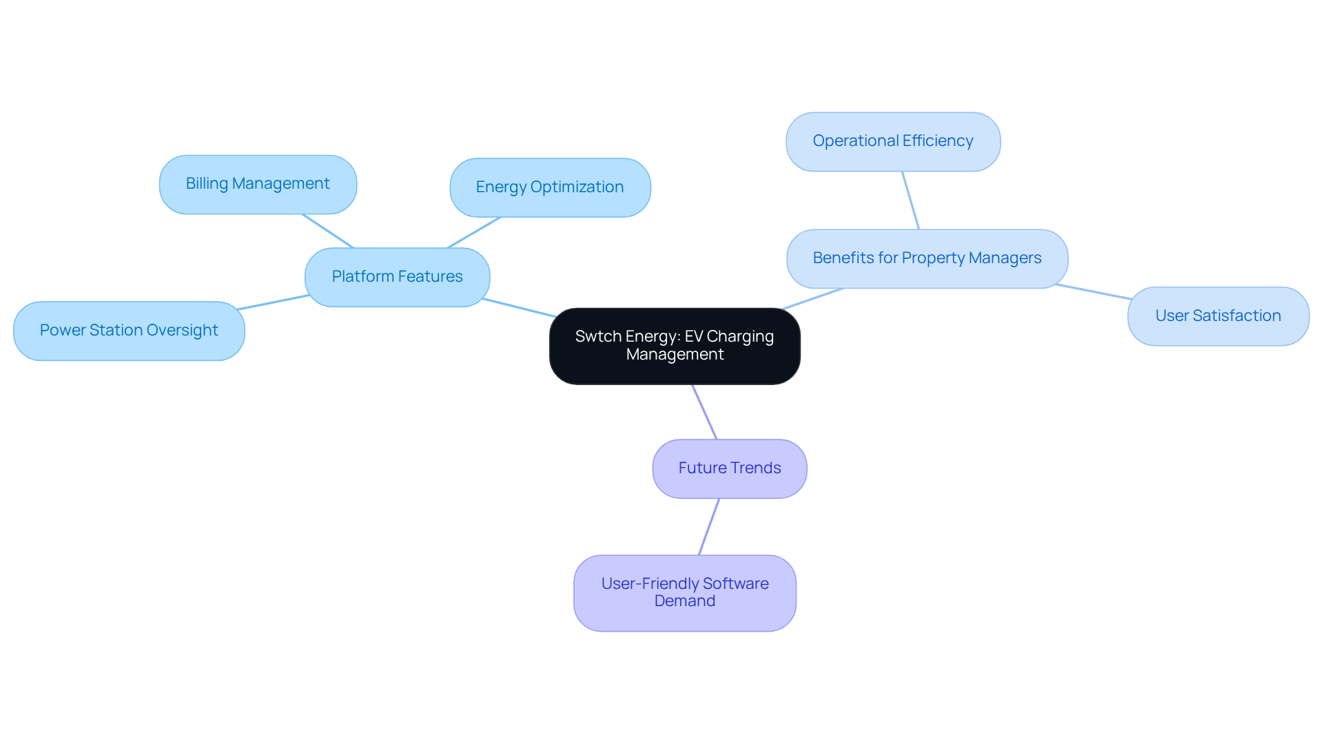 Start at the center with Swtch Energy's platform, then explore the branches to see its features, benefits, and how it aligns with future trends in EV charging management.